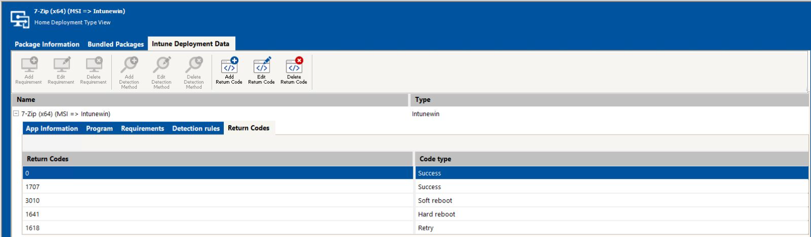 Intune Deployment Data Tab Return Codes Subtab 