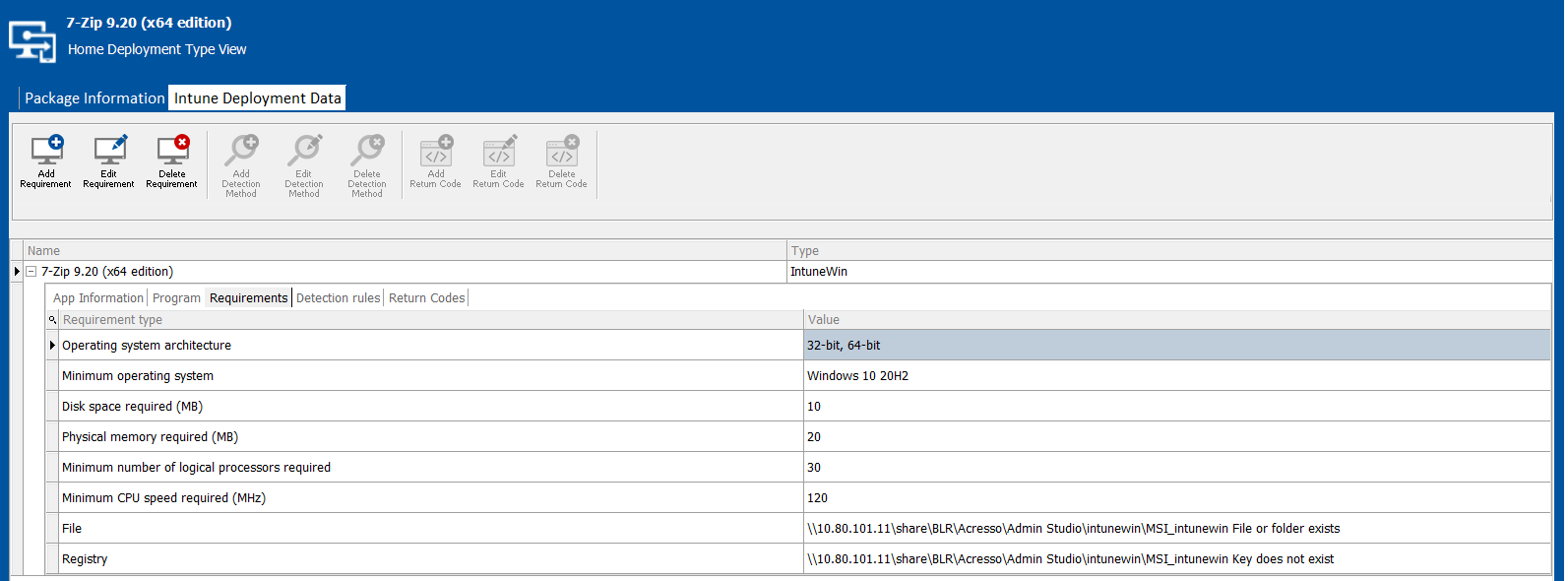 Intune Deployment Data Tab / Requirements Subtab