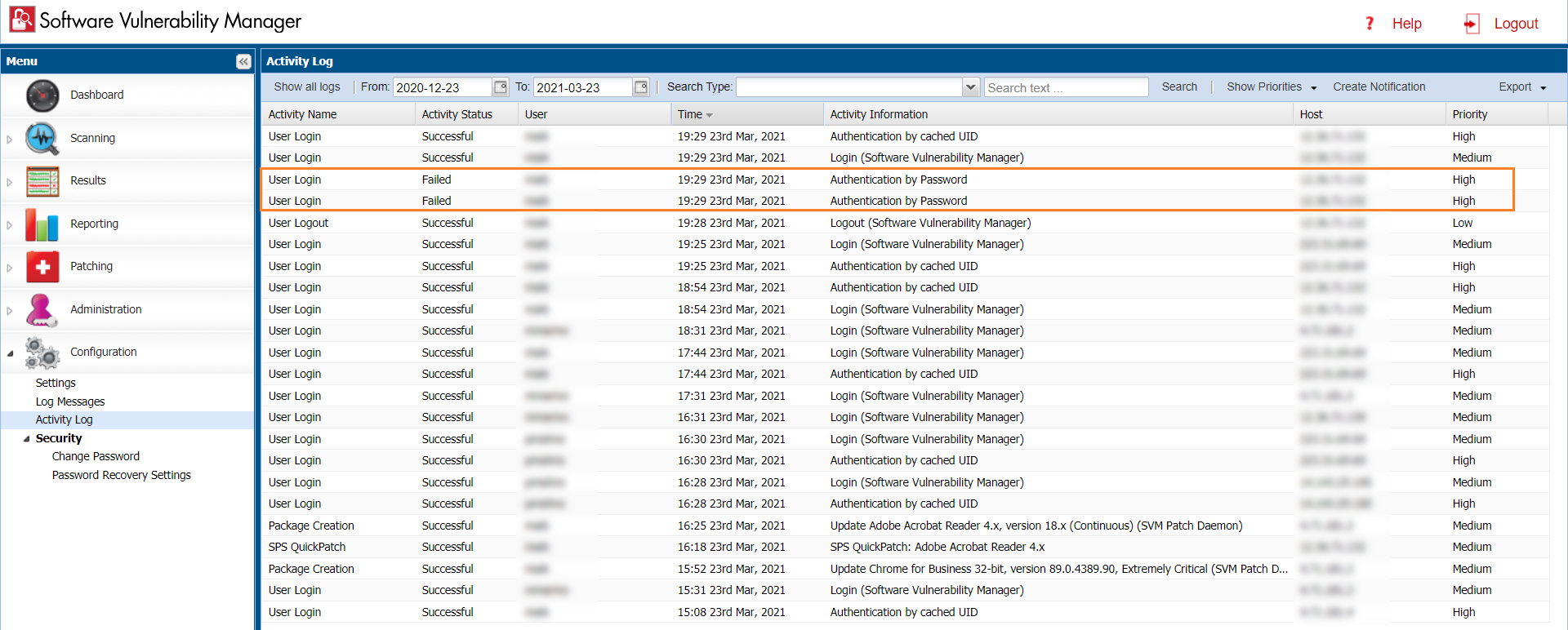 Activity Log for Failed Login Attempts