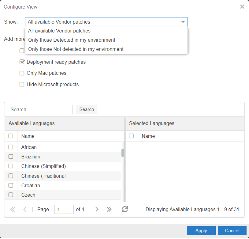 Product display criteria for Vendor Patch Module