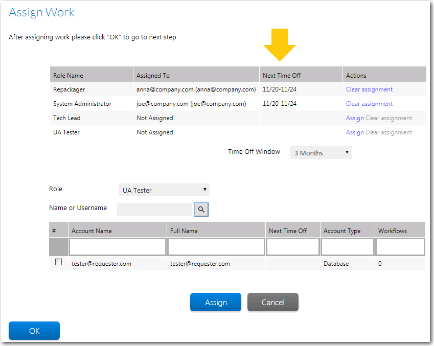 Viewing a User’s Scheduled Time Off on Work Assignment Screens
